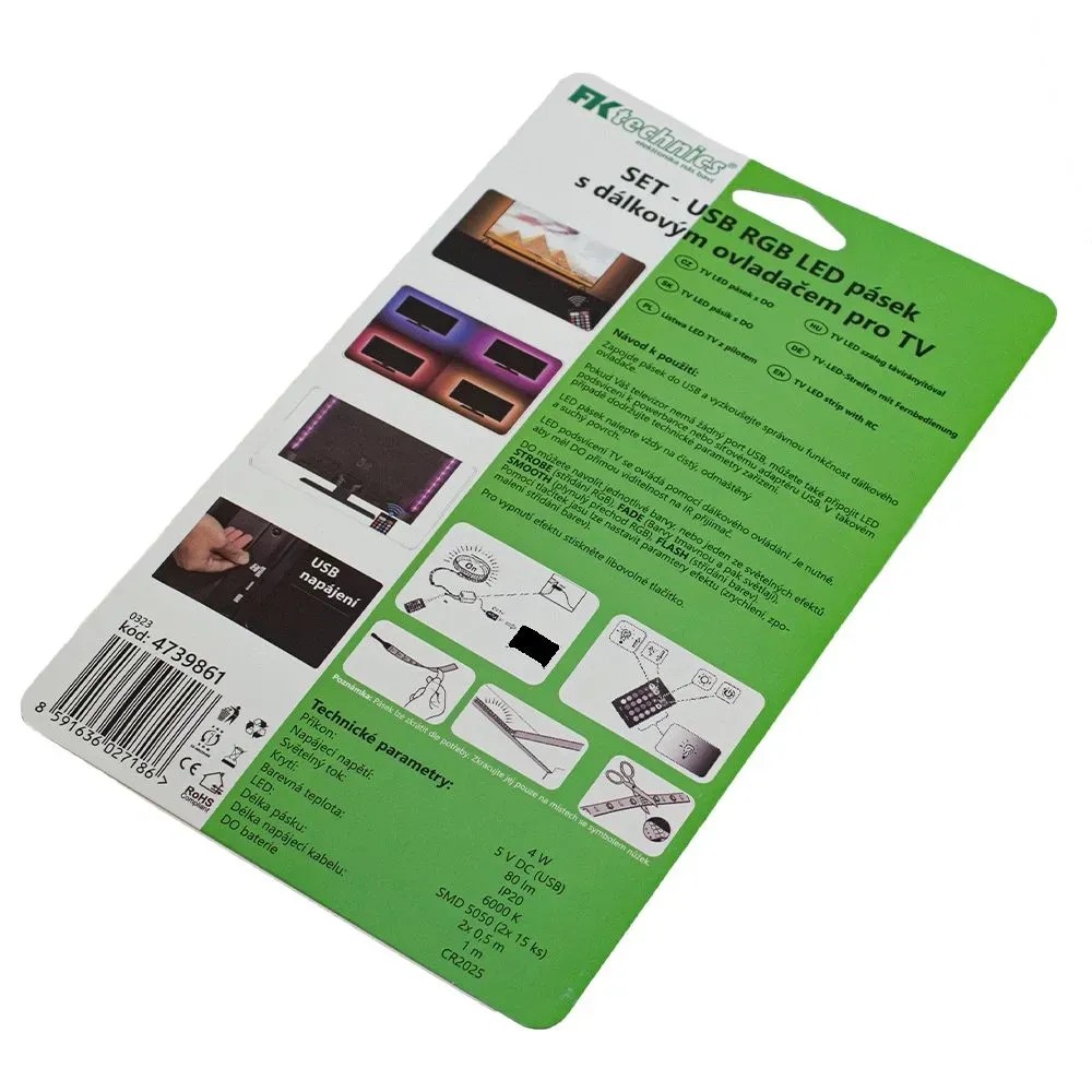FK technics USB RGB LED pásik TV/PC s diaľkovým IR ovládačom, 80 lm, 2 ...
