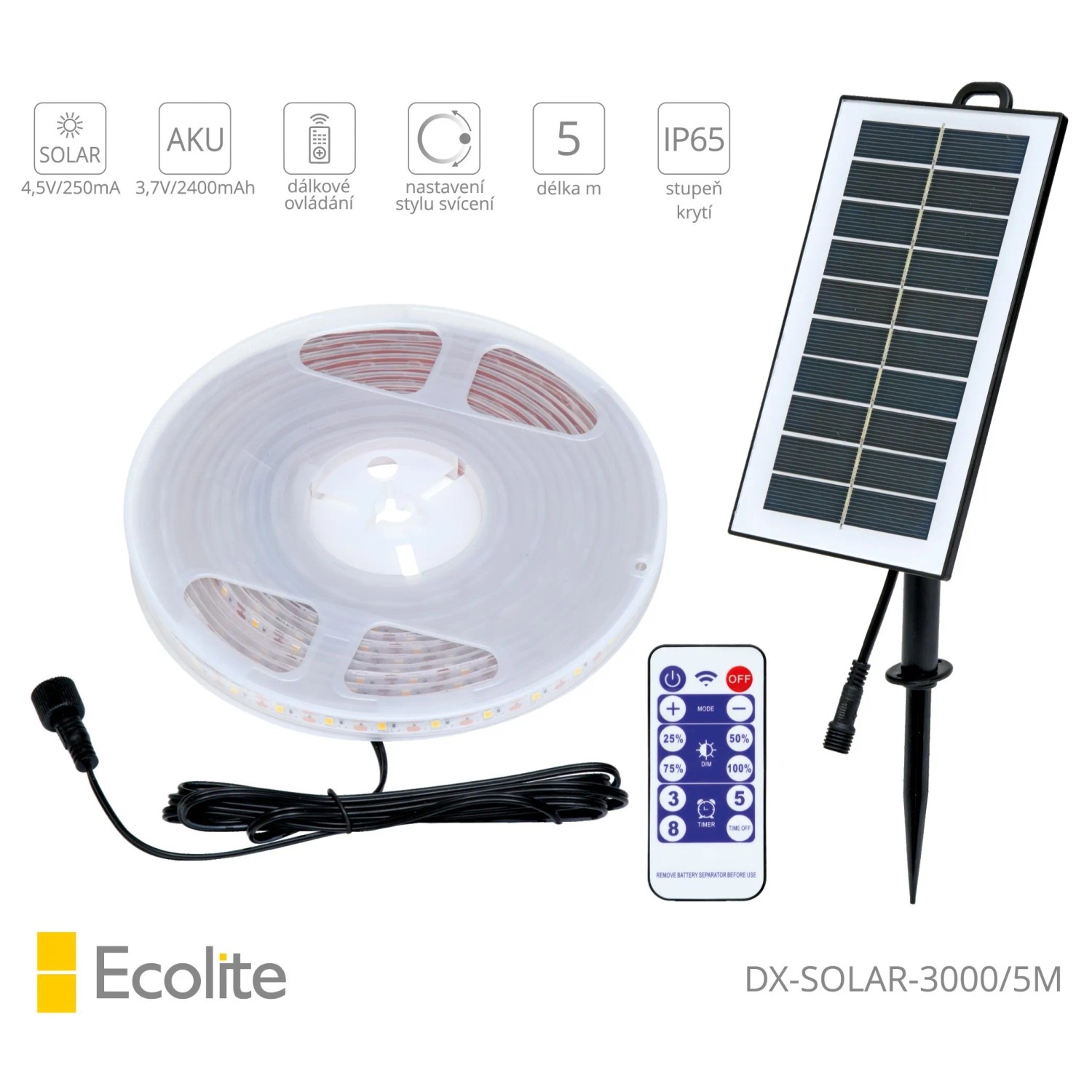 Ecolite LED solárny opasok SOLAR STRIP DX-SOLAR-3000/5M, 96 lm/m, 3000 ...