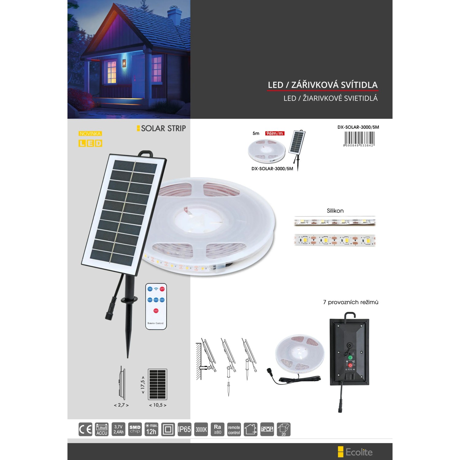 Ecolite LED solárny opasok SOLAR STRIP DX-SOLAR-3000/5M, 96 lm/m, 3000 K