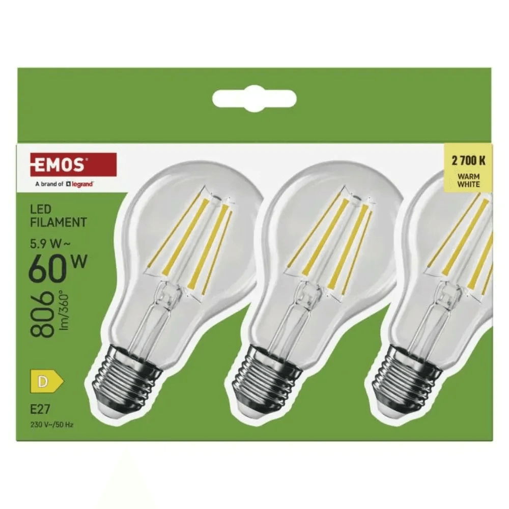 EMOS LED žiarovka Filament A60, E27, 5,9W (60W), 806lm, 2700K, 3 ks